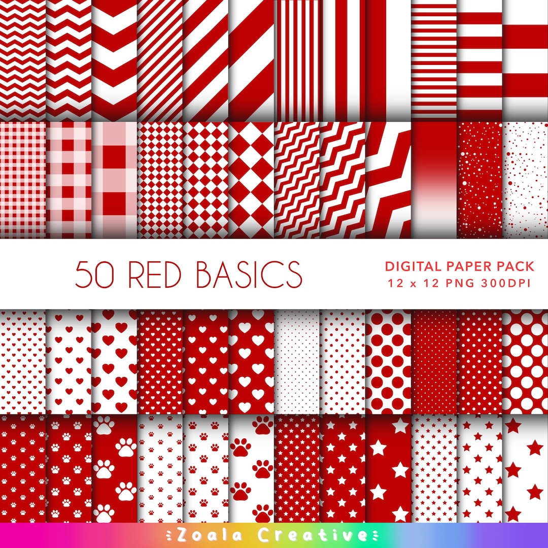 50 RED & White Basic Patterns Digital Paper - Stripes, Zigzag, Polka ...