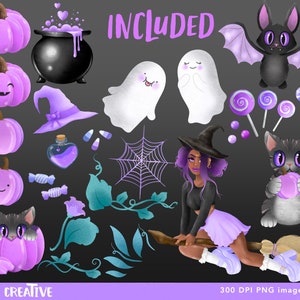 PURPLE HALLOWEEN - Textured PNG Clipart Bundle, Spooky Witch ...