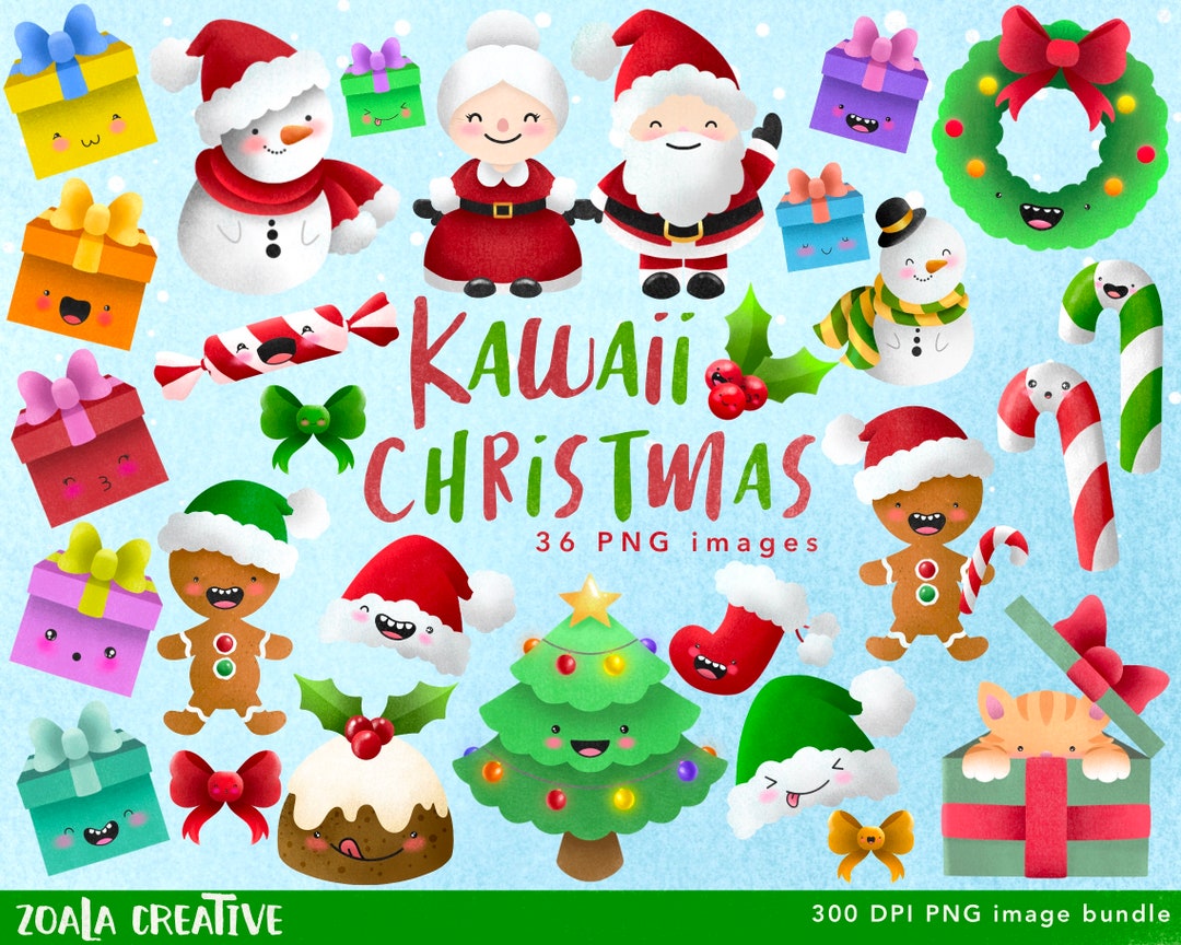 Kawaii Christmas Graphics Bundle, Textured Holiday PNG Images, Festive ...