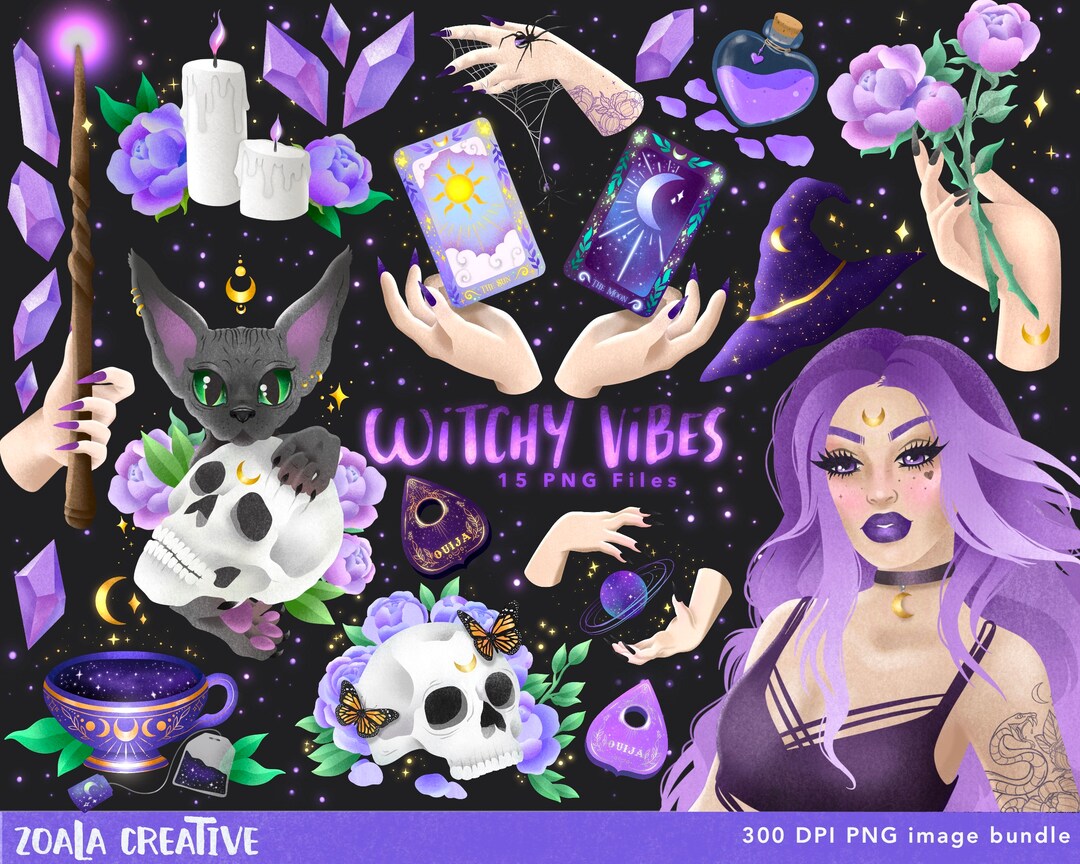 Witchy Vibes AMETHYST Textured PNG Clipart Bundle, Hand Drawn Witch ...