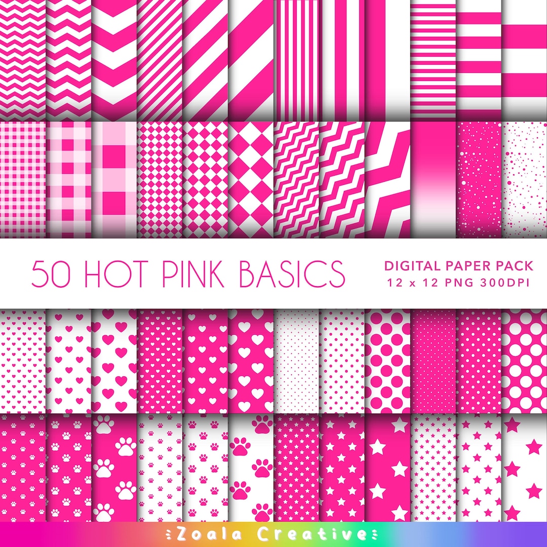 50 HOT PINK Basic Patterns Digital Paper - Stripes, Zigzag, Polka Dot ...