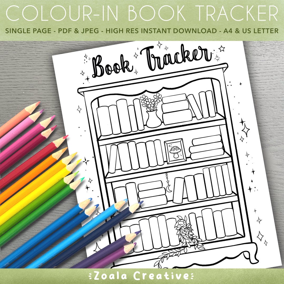 Colouring in Book Tracker - Cozy Bookshelf Reader Log - Black Line Art ...