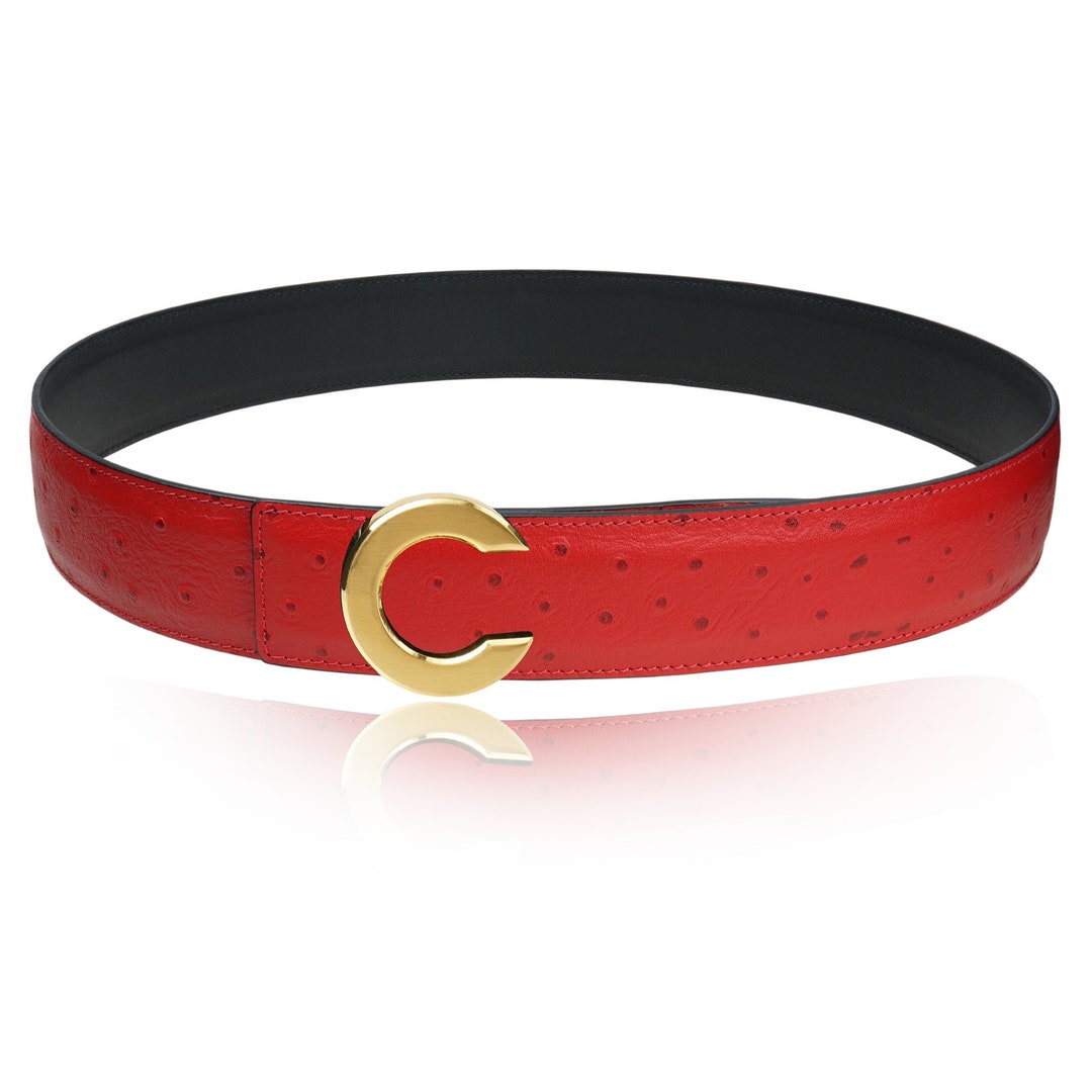 Reversible Belt Ostrich Leather Red 40 Mm 1.5" With Belt C-buckle With ...