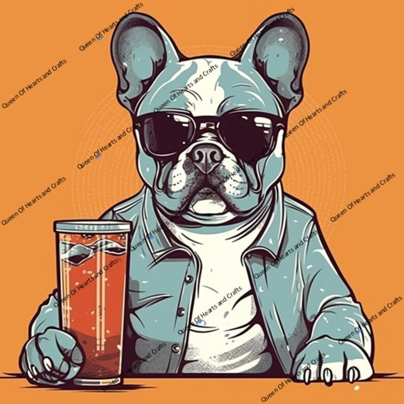Frenchie Art With Sunglasses and Drink PNG (2 Designs) - Etsy