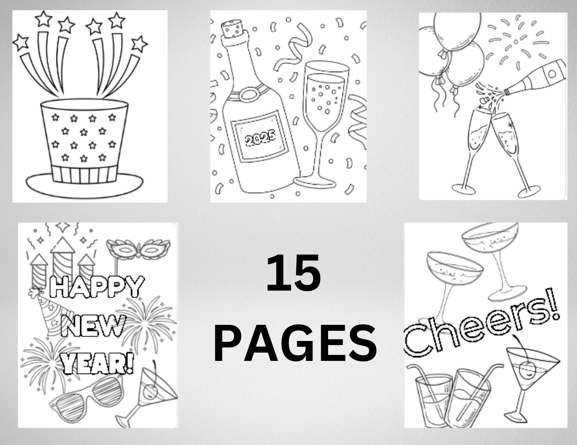 Happy New Year 2025 Coloriages, 15 pages à colorier imprimables Happy ...