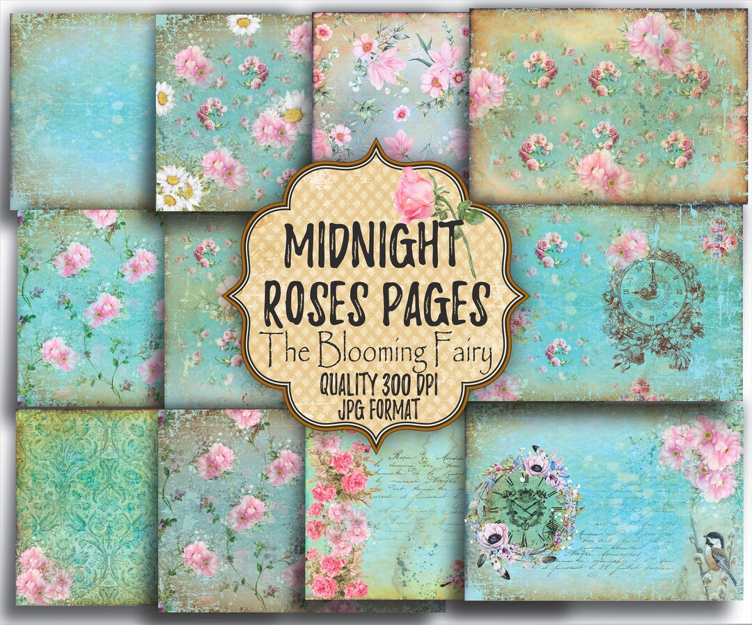 Midnight Roses Journal Pages, Turquoise Blue and Roses Journal Papers ...
