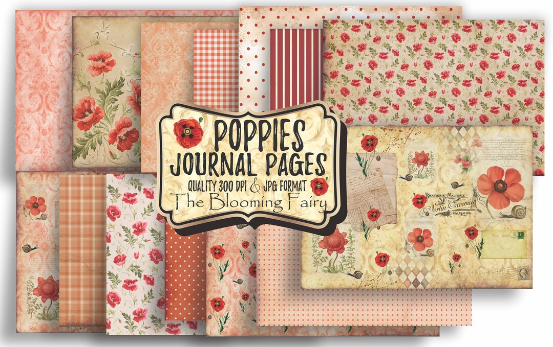 Poppies Flowers Journal Pages, Vintage Poppies Pages Kit, Junk Journal ...