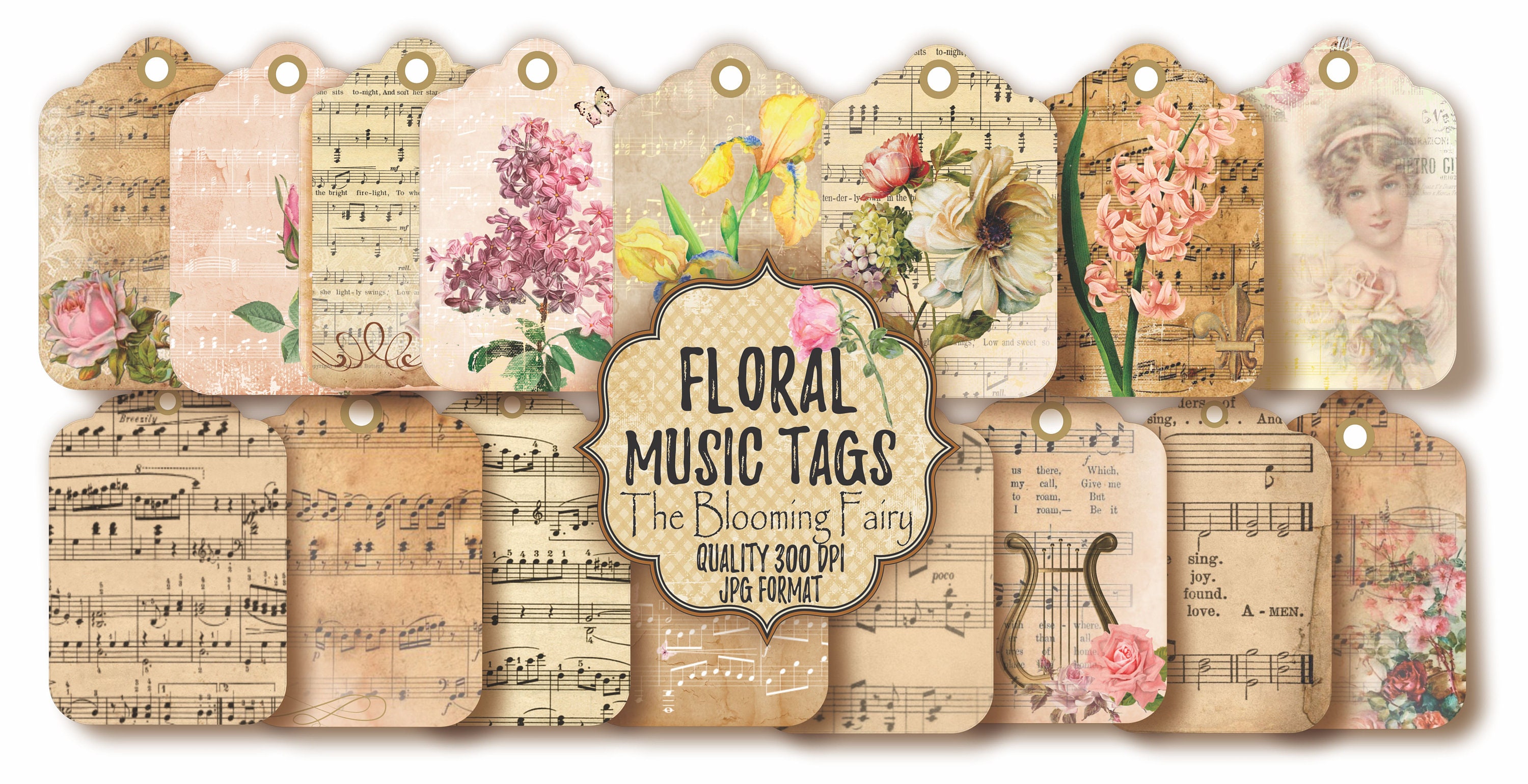 Floral Music Tags, DIGITAL Music Notes Embelishments, French Floral ...