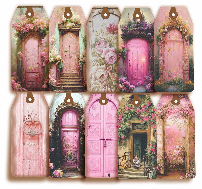 Vintage Tags Pink Doors, DIGITAL Whimsical Embelishments, Pink Doors ...