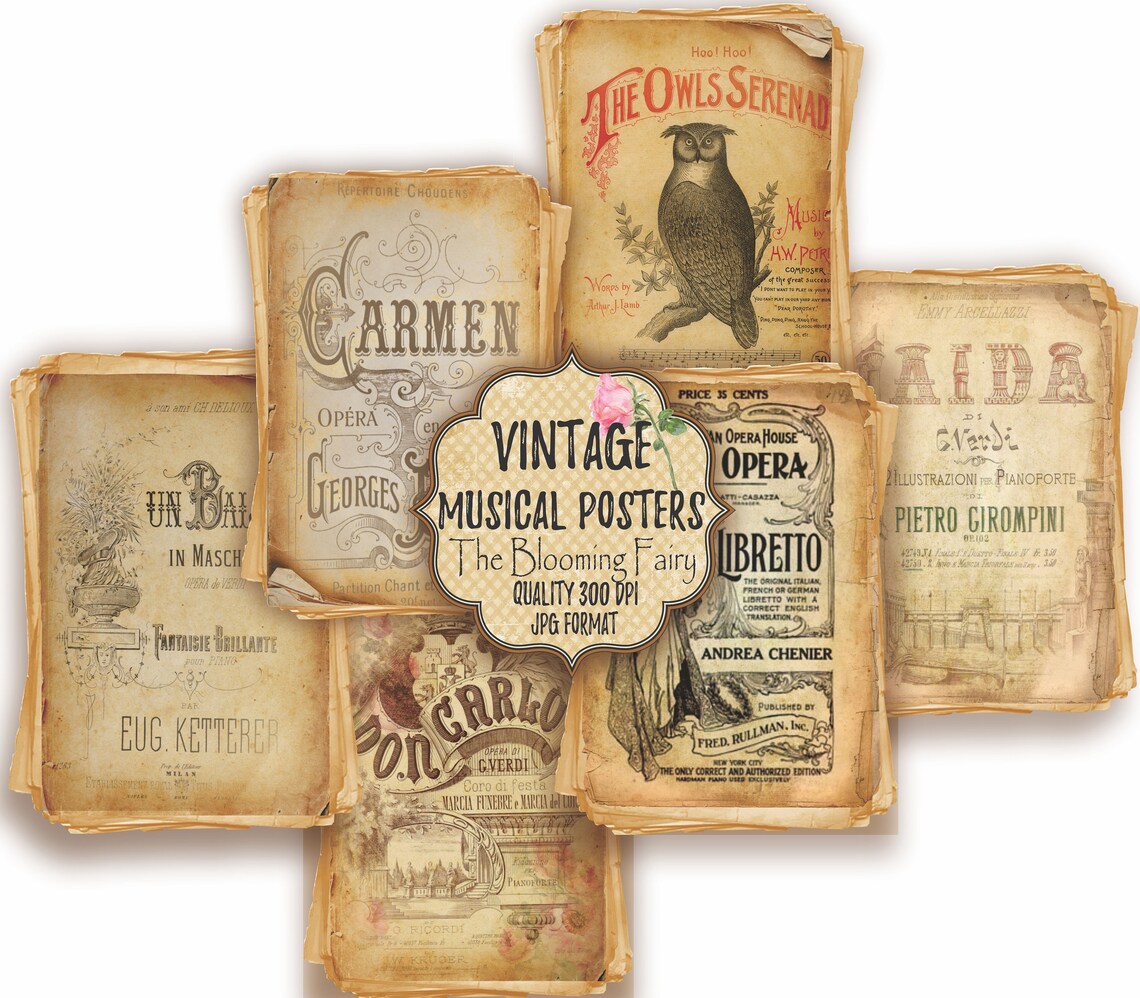 Vintage Musical Posters, Printable Music Posters, Digital Junk Journal ...