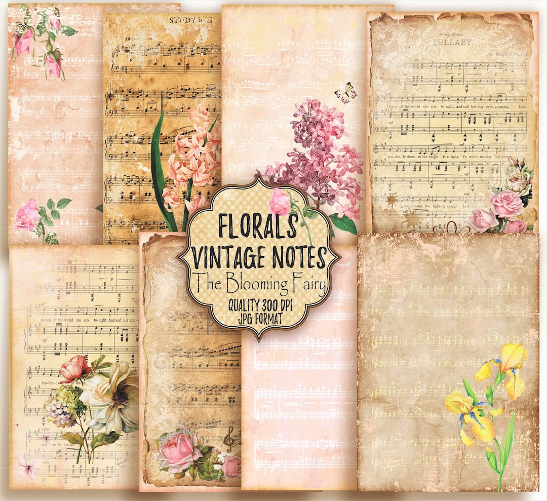 Florals Vintage Notes, Digital Vintage Notes, Spring Book Papers ...