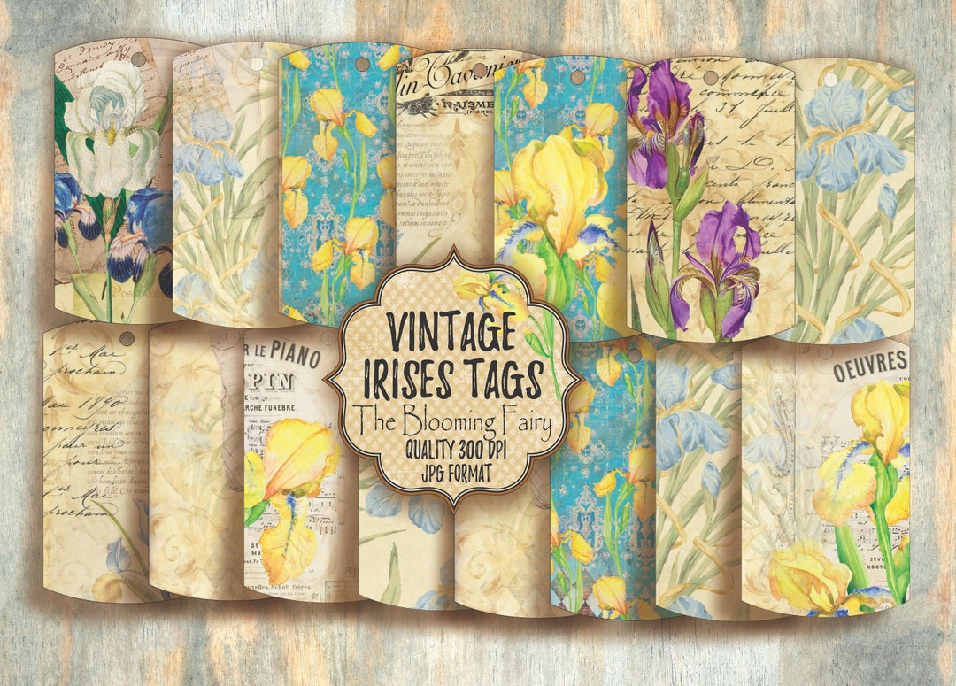 Vintage Irises Tags, DIGITAL Iris Tags, Floral Embellishments, Vintage ...