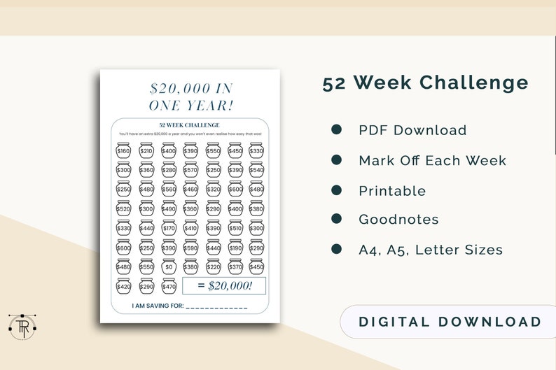 Money Challenge Save 20K in 52 Weeks printable PDF, Money Challenge ...