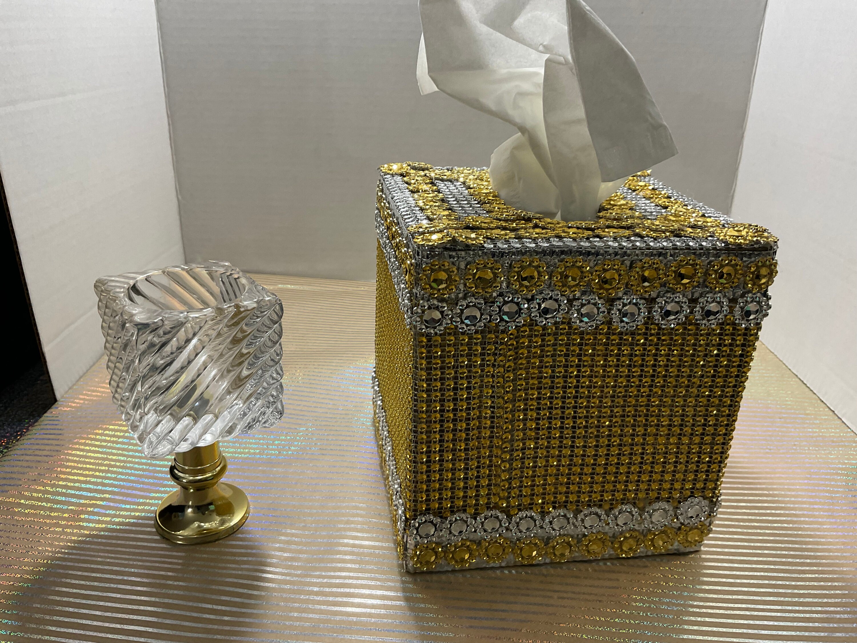 A 6H X 6D X W Handmade Square Golden Facial Tissue Box Cover Decorated ...