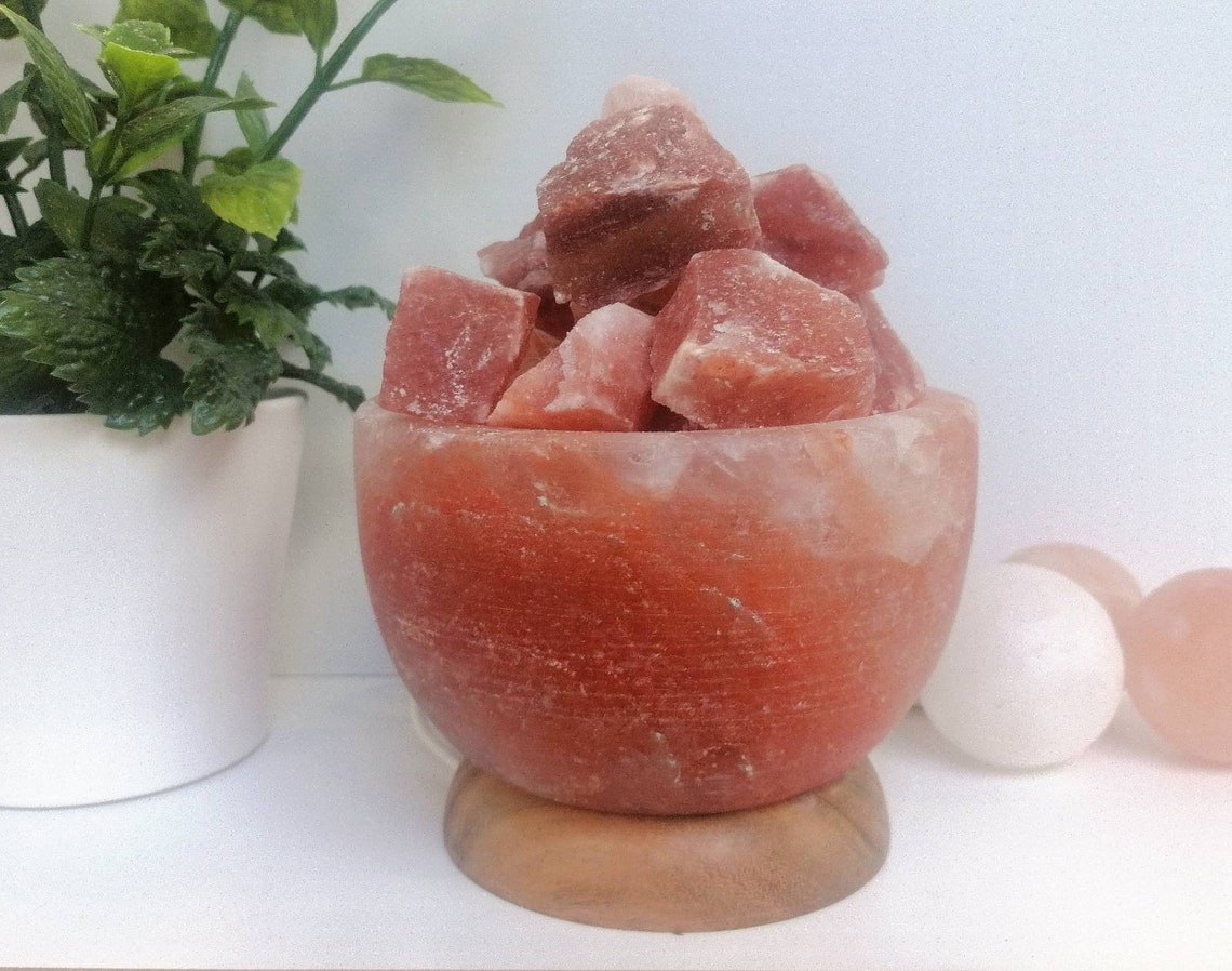 Himalayan Salt Lamp, Bowl and Salt Crystals, Wood Base , Gift for Her ...