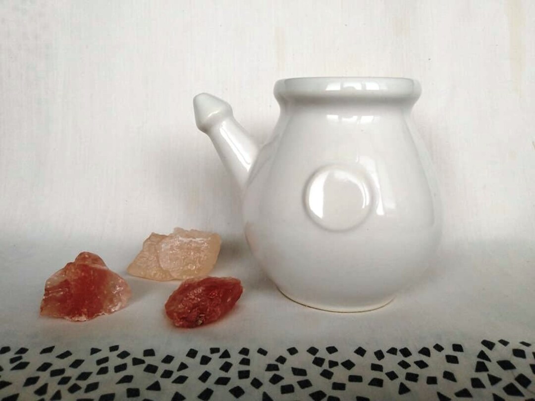 Ceramic Neti Pot for Nasal Congestion + 2 Himalayan Crystals, Jala Neti ...