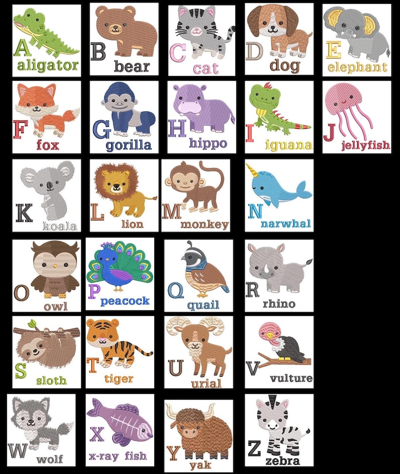 Alphabet Animals Bundle | Serif Block Font | 4"x 4" | Digital Download ...