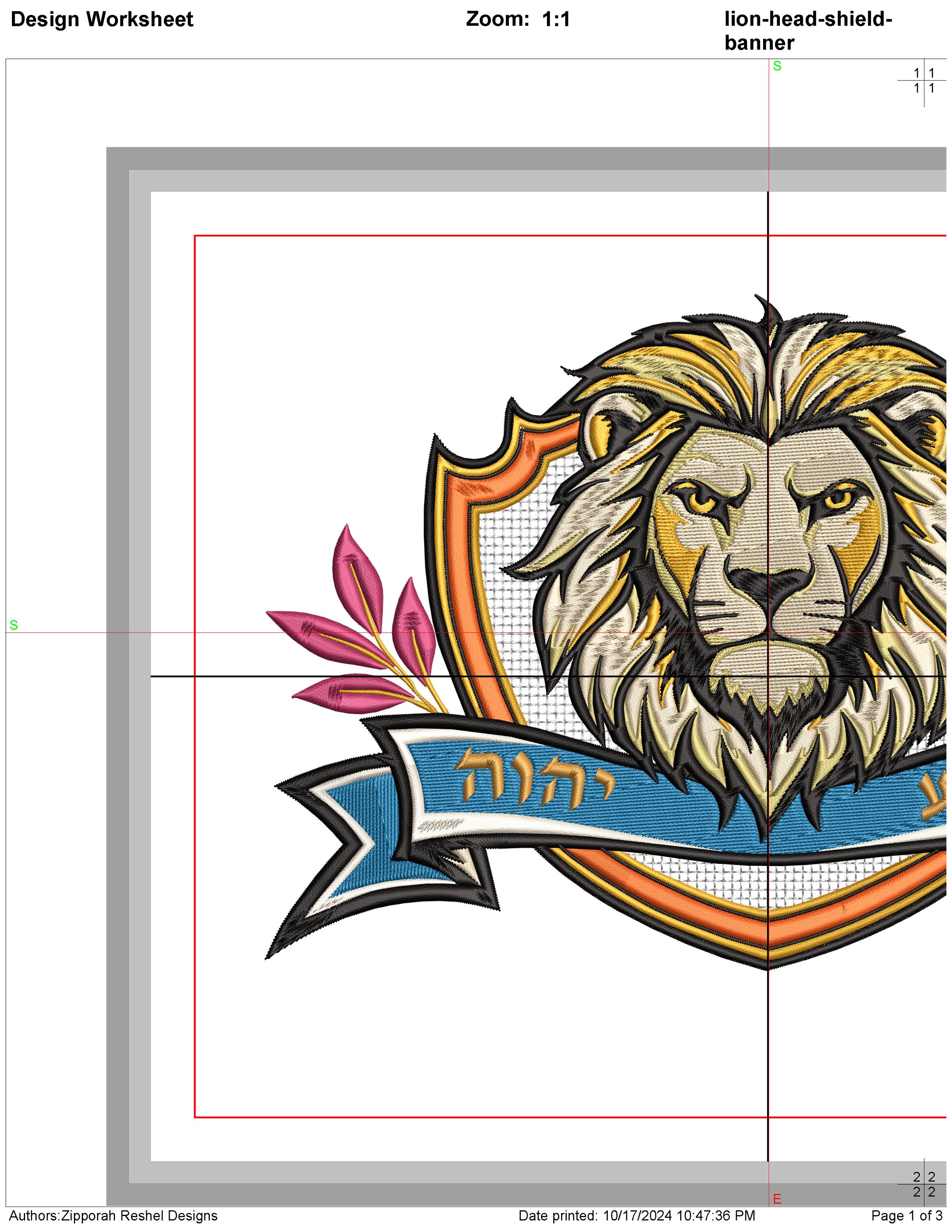 Lion Head Shield Embroidery File Digital Download 6" X 9" Garment ...