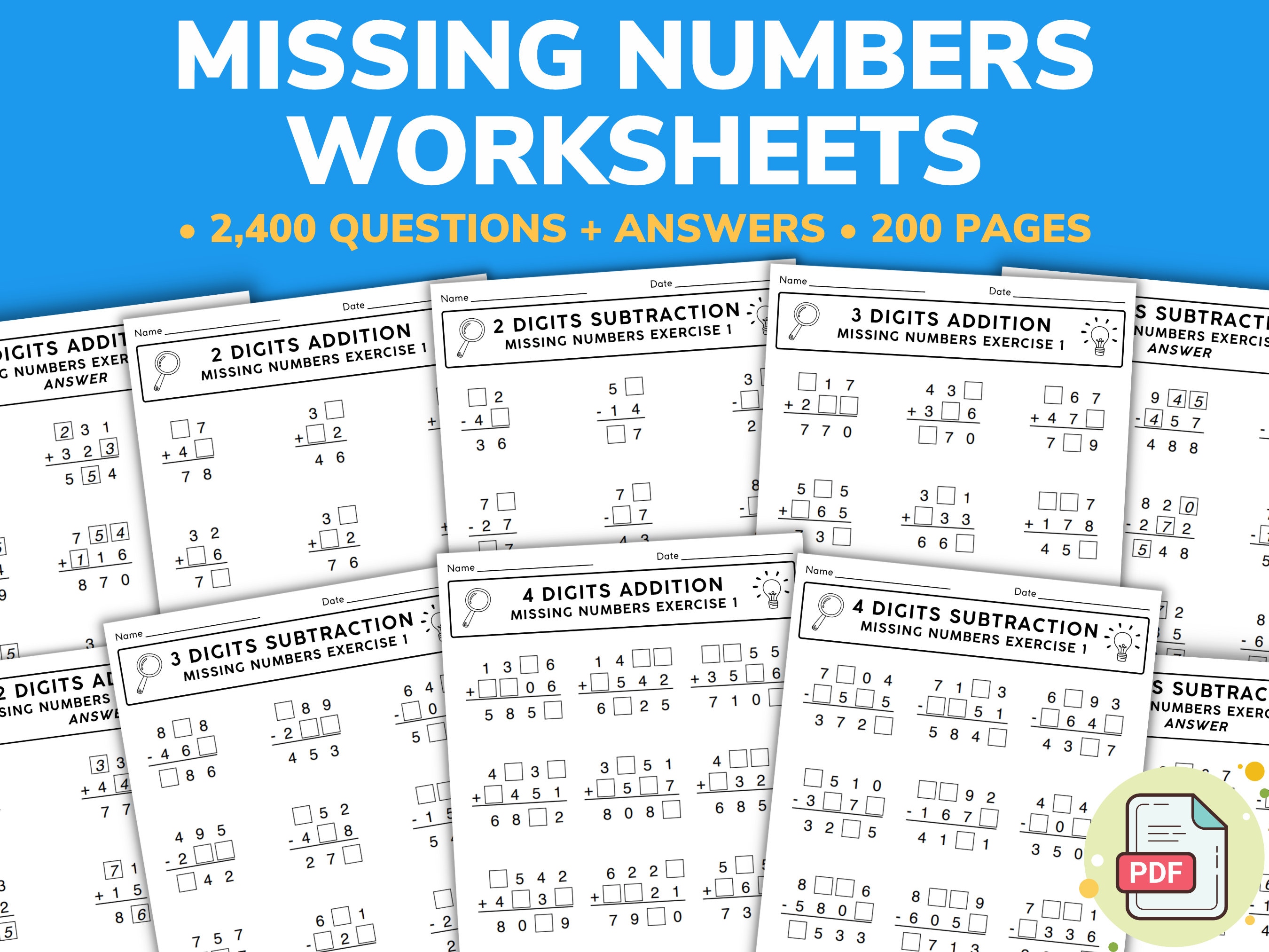 200 Missing Number Math Worksheets for Kids Ages 5-8: Fun and Engaging ...