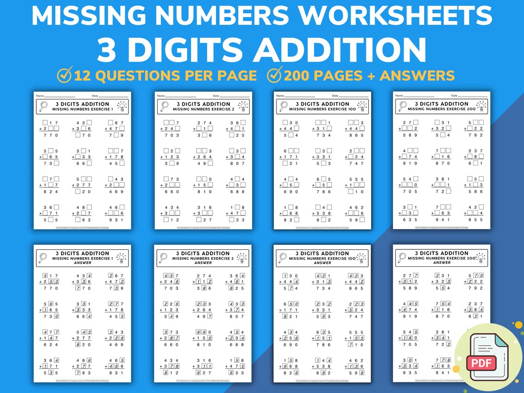 200 Missing Number Math Worksheets for Kids Ages 5-8: Fun and Engaging ...