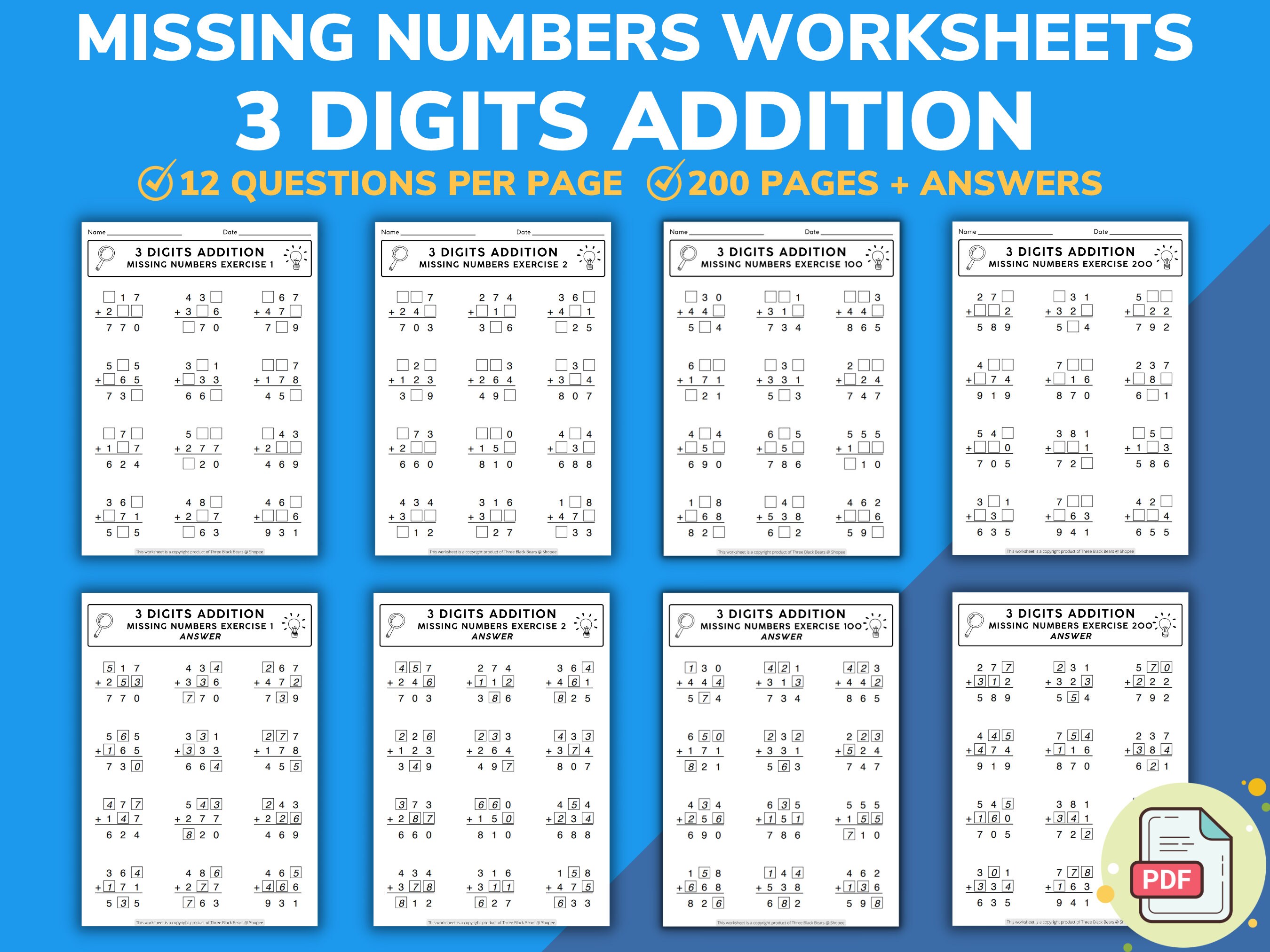 200 Missing Number Math Worksheets for Kids Ages 5-8: Fun and Engaging ...