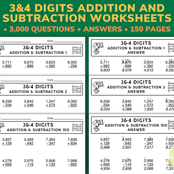 Addition and Subtraction Worksheets for Kids - Etsy