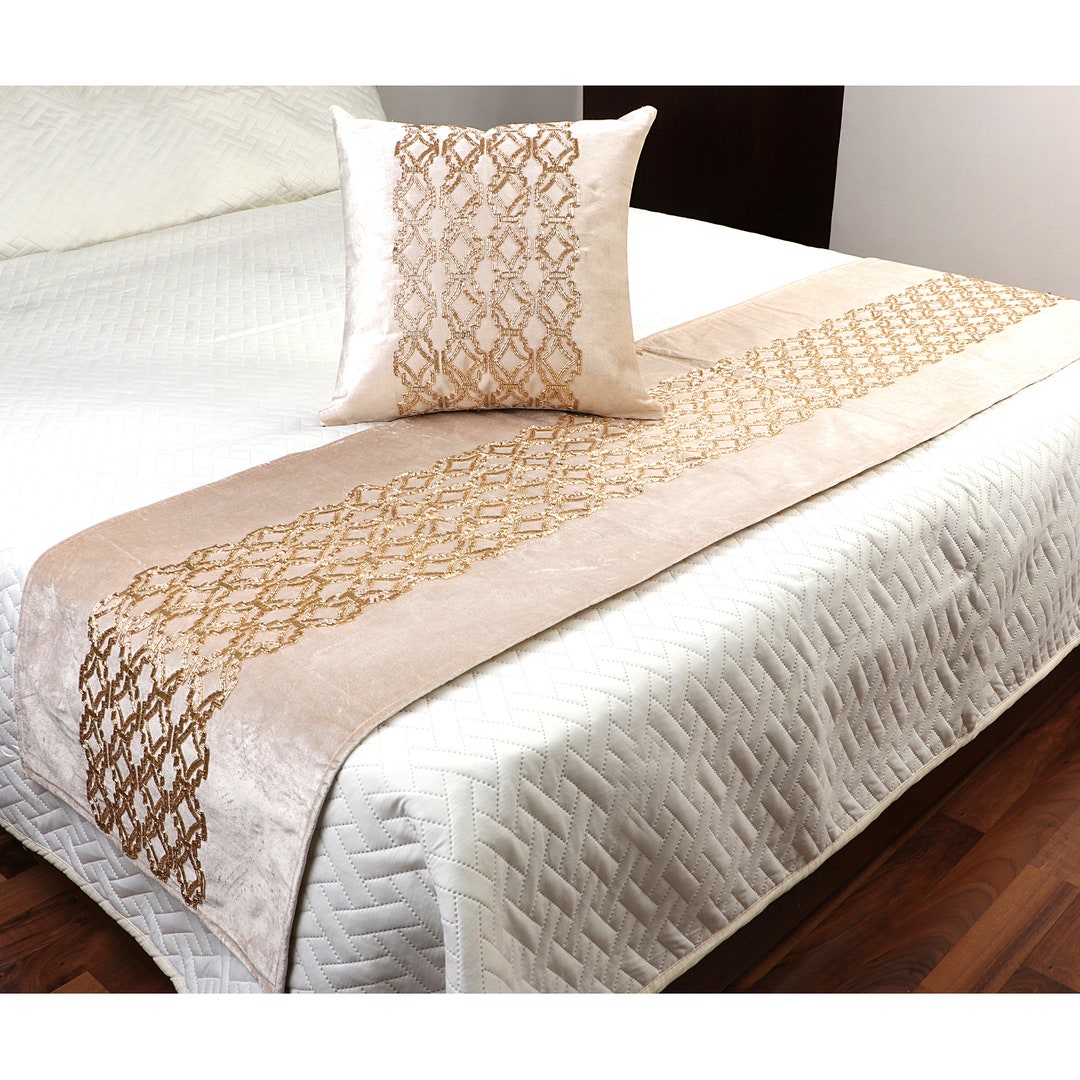 Beige Velvet Bed Runner| King/ca King/queen/twin Luxury Bed Runner With ...