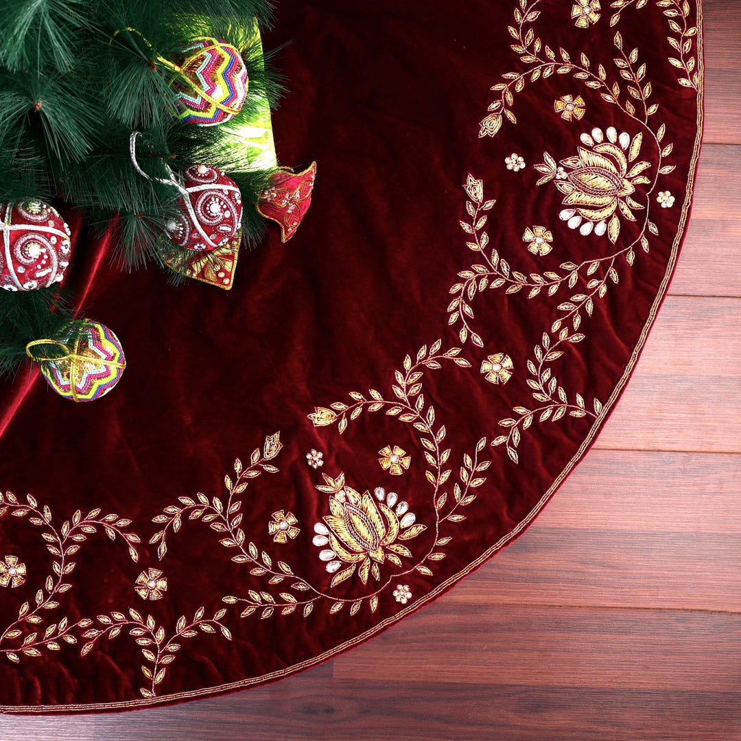 90" Christmas Tree Skirt Handmade Luxury Red Velvet Tree Skirt Gold ...