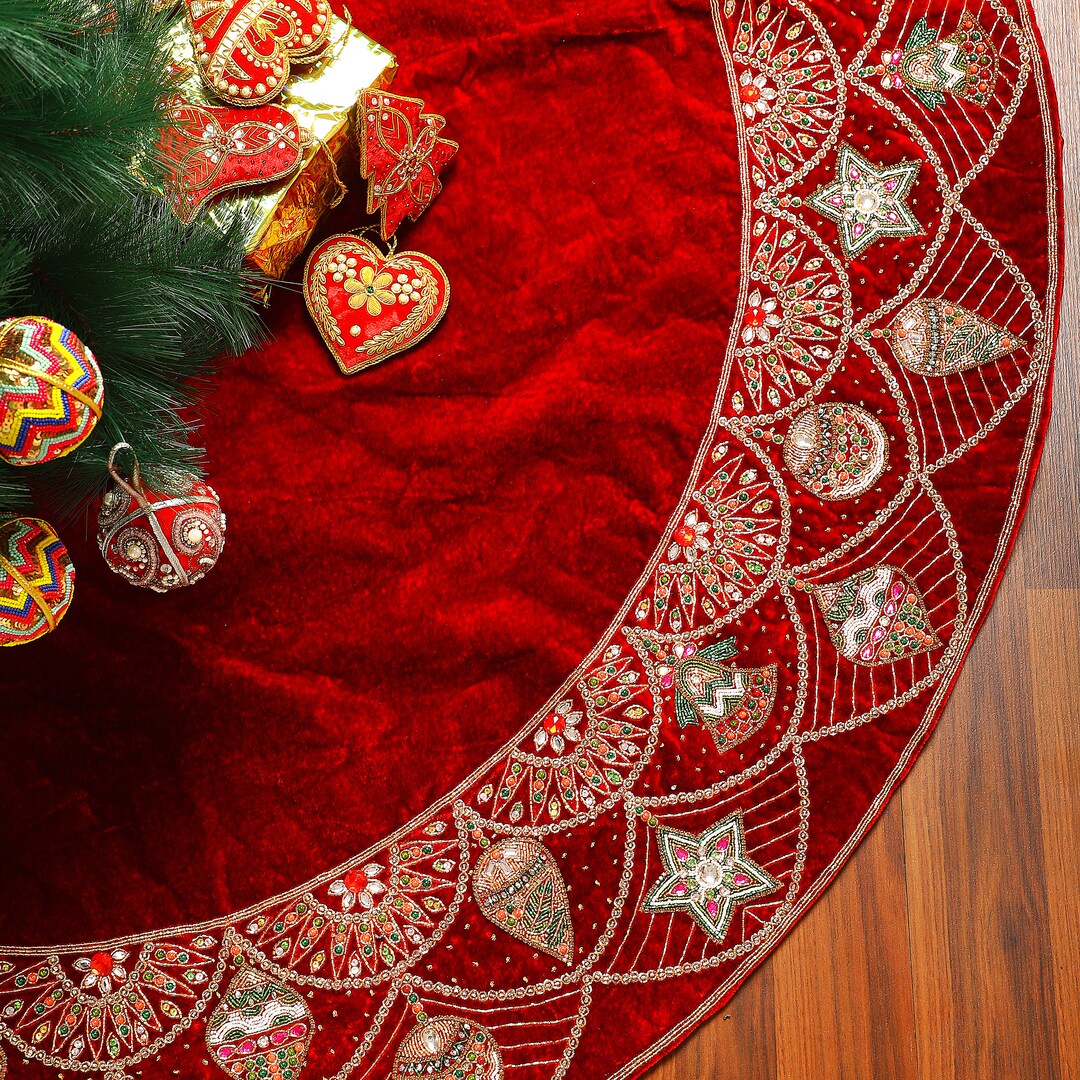 72" Red Christmas Tree Skirt Handmade Velvet Tree Skirt Large Ornament ...
