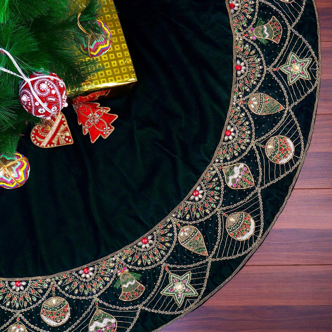 Green Velvet Christmas Tree Skirt 60" Handmade Large Tree Skirt ...