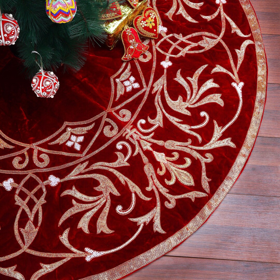 Red Velvet Spiral Leaf Christmas Tree Skirt 60" Handmade Large Tree ...