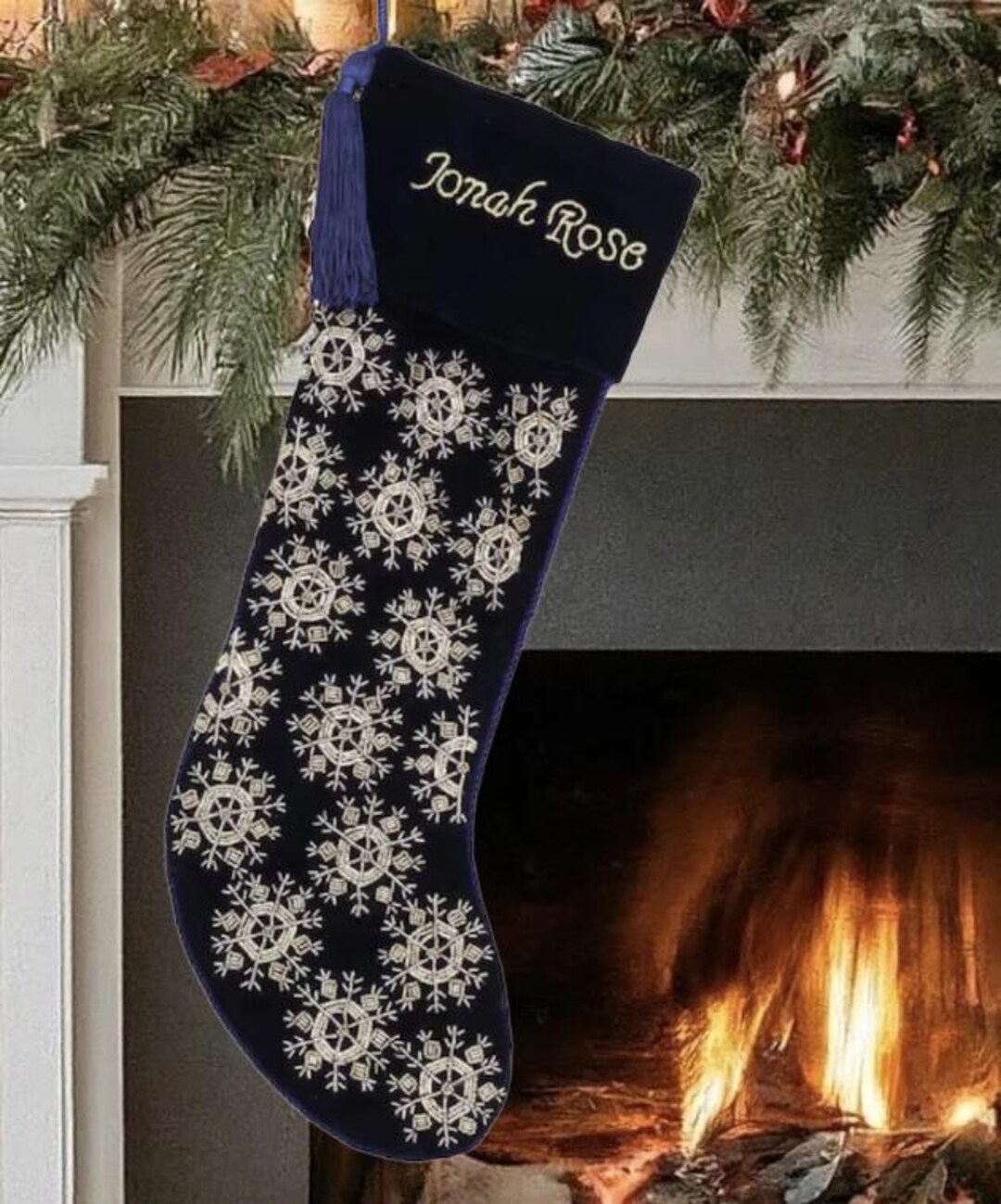 Navy Blue Velvet Christmas Stocking Personalised Christmas Snowflake ...