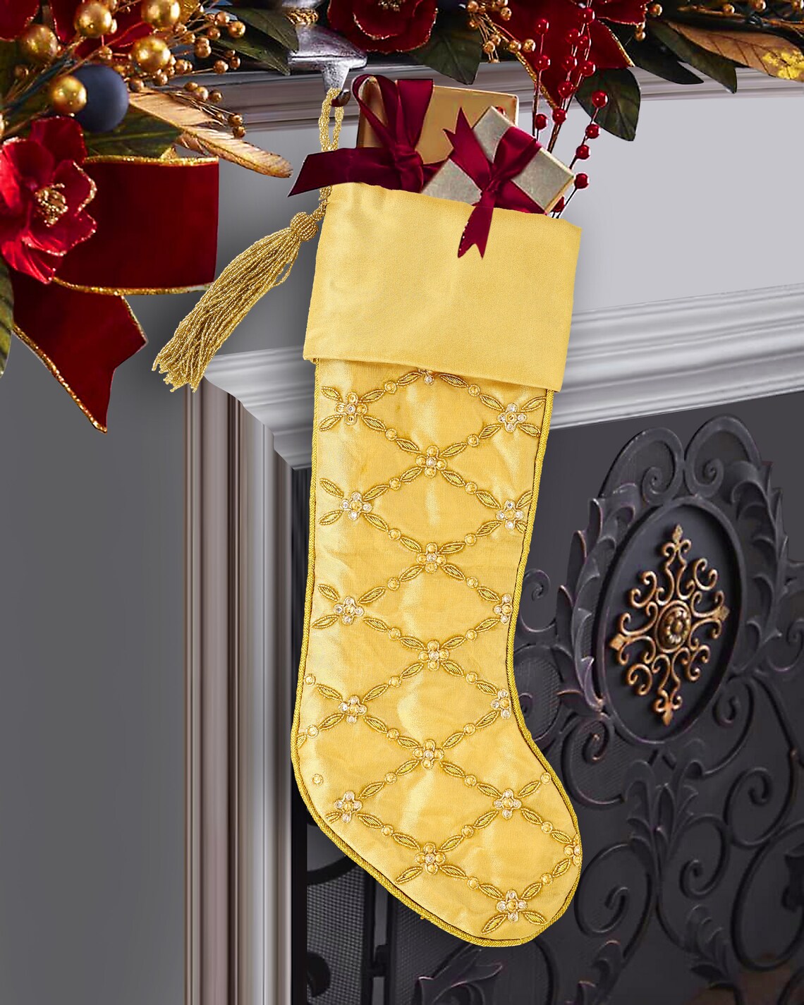 Handmade Red & Gold Christmas Stocking Set of 4 Luxury Christmas Gift ...
