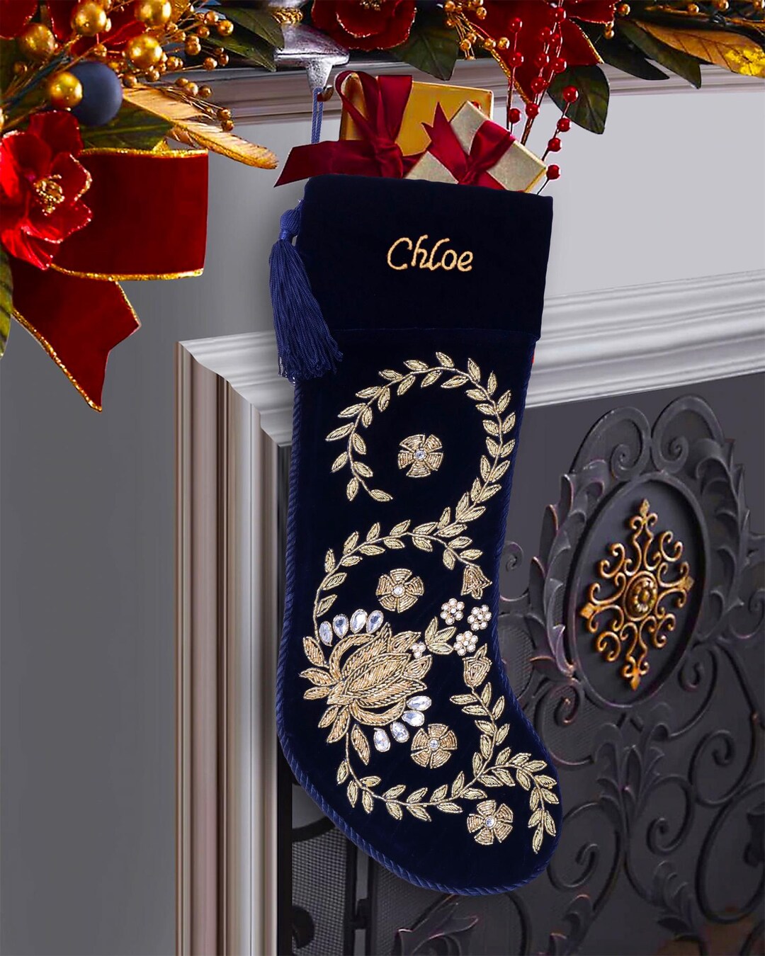 Navy Blue Velvet Christmas Stocking Personalised Christmas Stocking ...