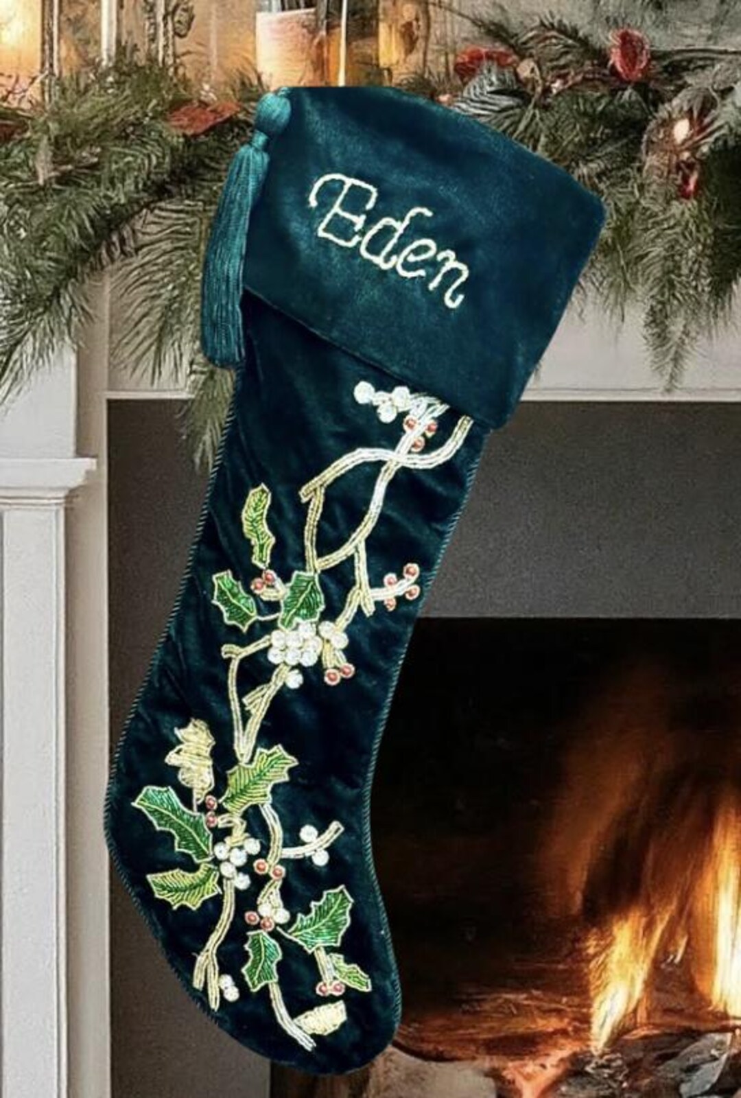 Green Christmas Stocking Personalised Velvet Christmas Stocking Wreath ...