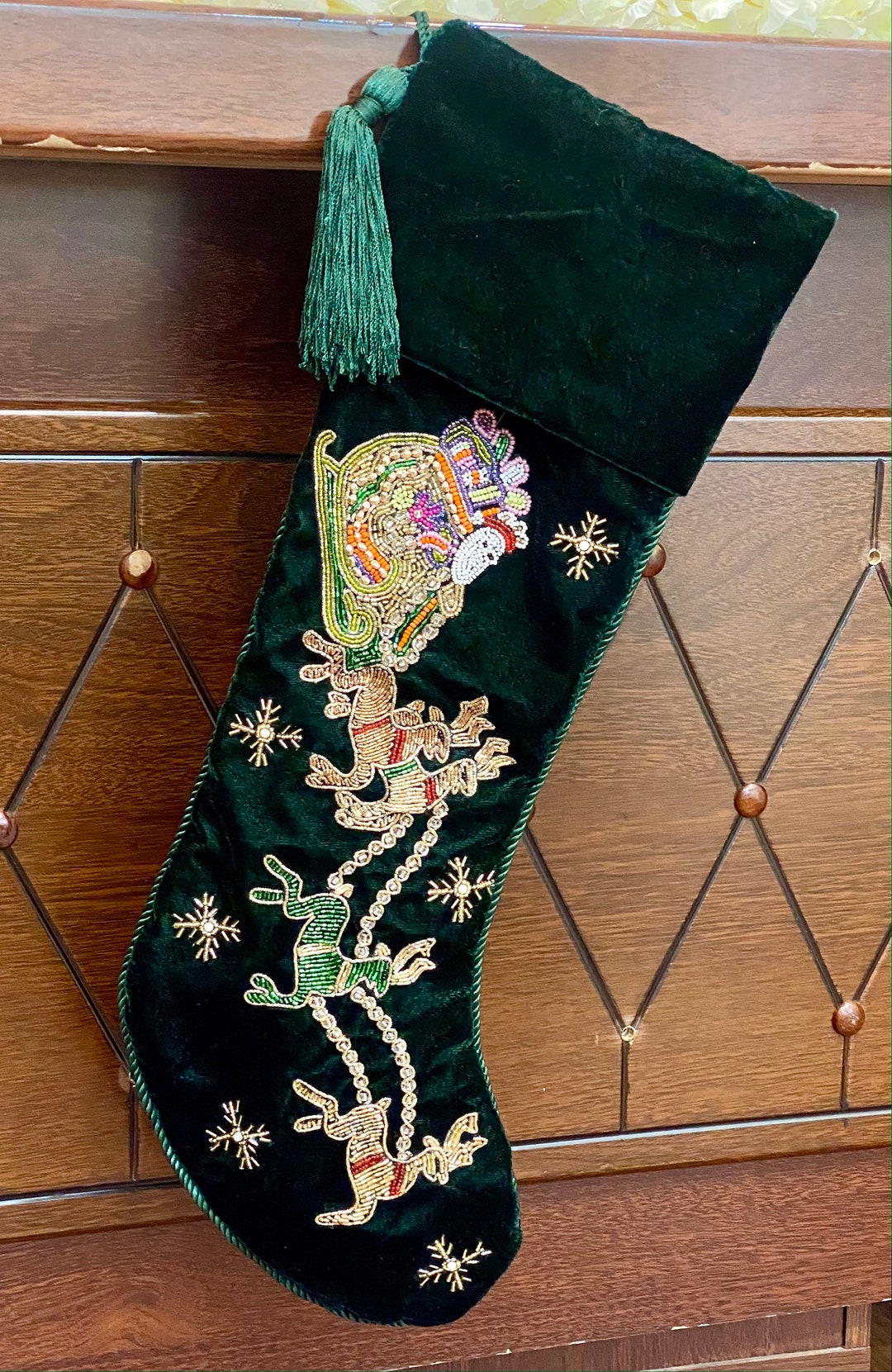 Green Velvet Christmas Stocking Personalised Green Santa Carriage ...