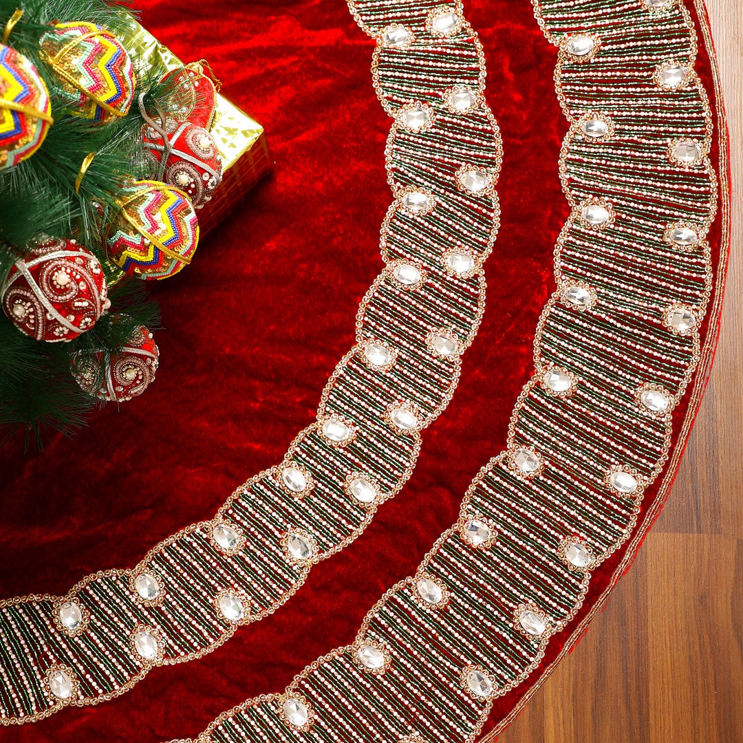 90 Inch Red Christmas Tree Skirt Handmade Velvet Tree Skirt Large Tree ...