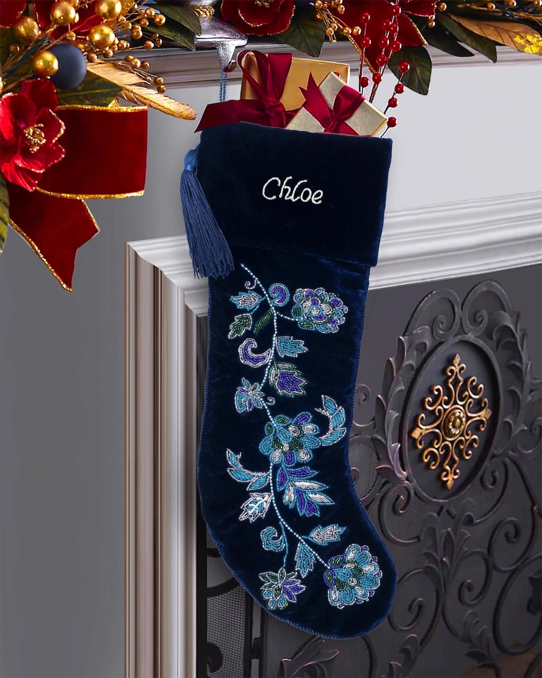 Blue Floral Christmas Stocking Personalised Blue Velvet Christmas ...