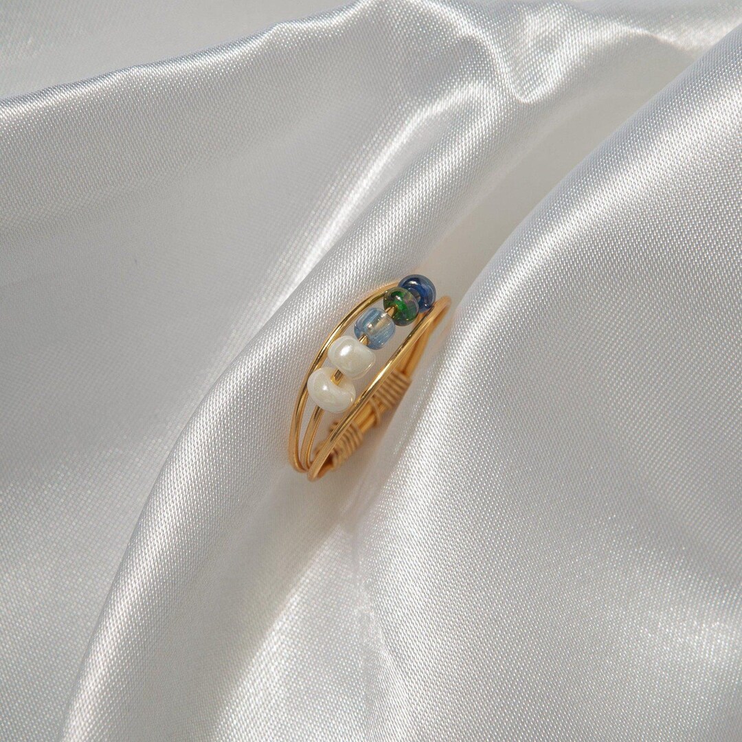 Blue Beads Fidget Ring, Spinner Rings for Women, Girls, Gold Copper ...