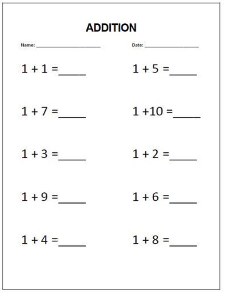 20 Printable Addition Worksheets numbers 1-10 for - Etsy