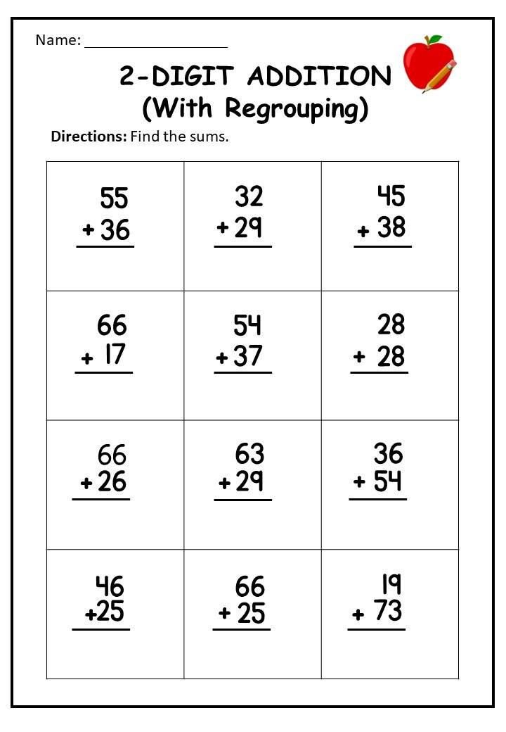 10 Printable Two Digit Addition Worksheets With Regrouping Etsy