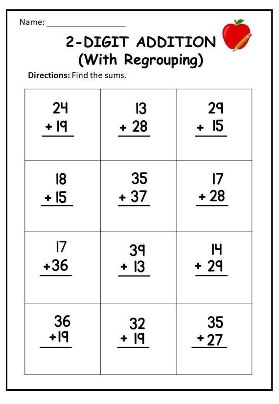 10 Printable Two Digit Addition Worksheets With Regrouping Etsy 10 Printable Two Digit Addition Worksheets With Regrouping Etsy