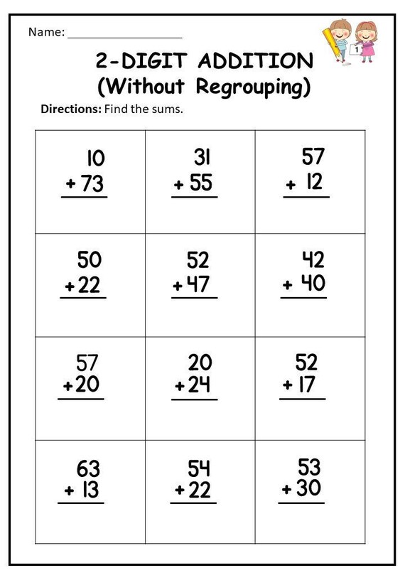10 Printable Two Digit Addition Worksheets Double Digit Etsy Australia