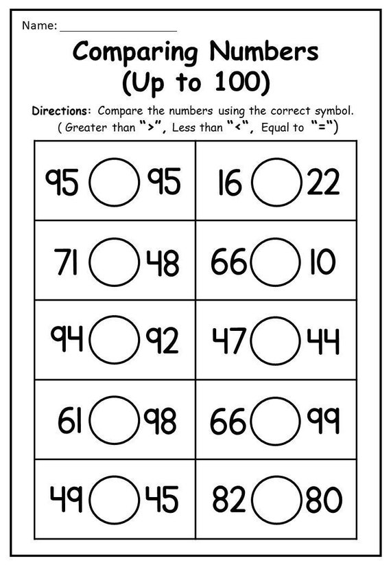 10 Printable Comparing Numbers Worksheets Up To 100 For 1st Etsy Canada