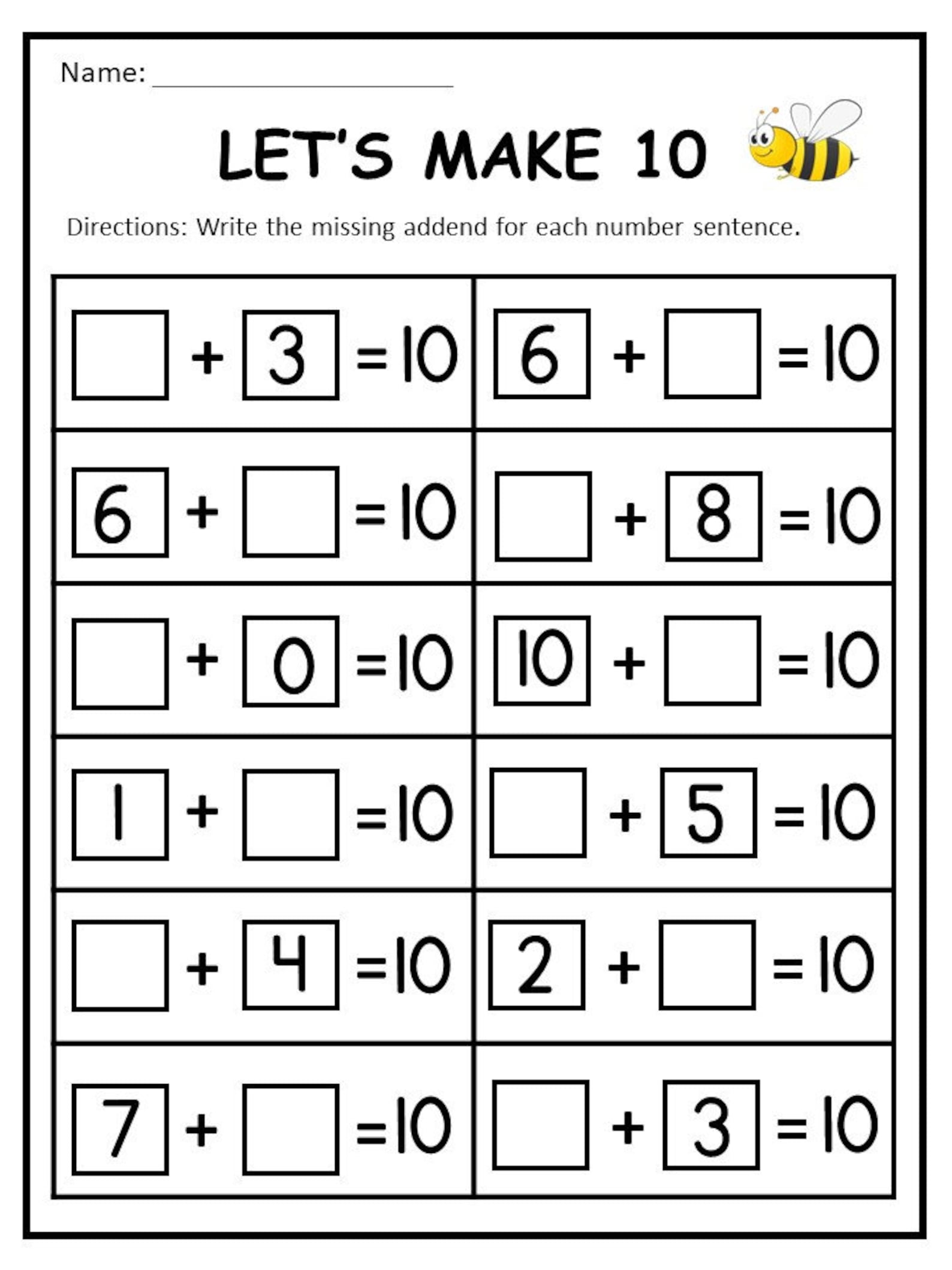10 Printable Make 10 Worksheets for Kindergarten-1st Grade-2nd - Etsy ...