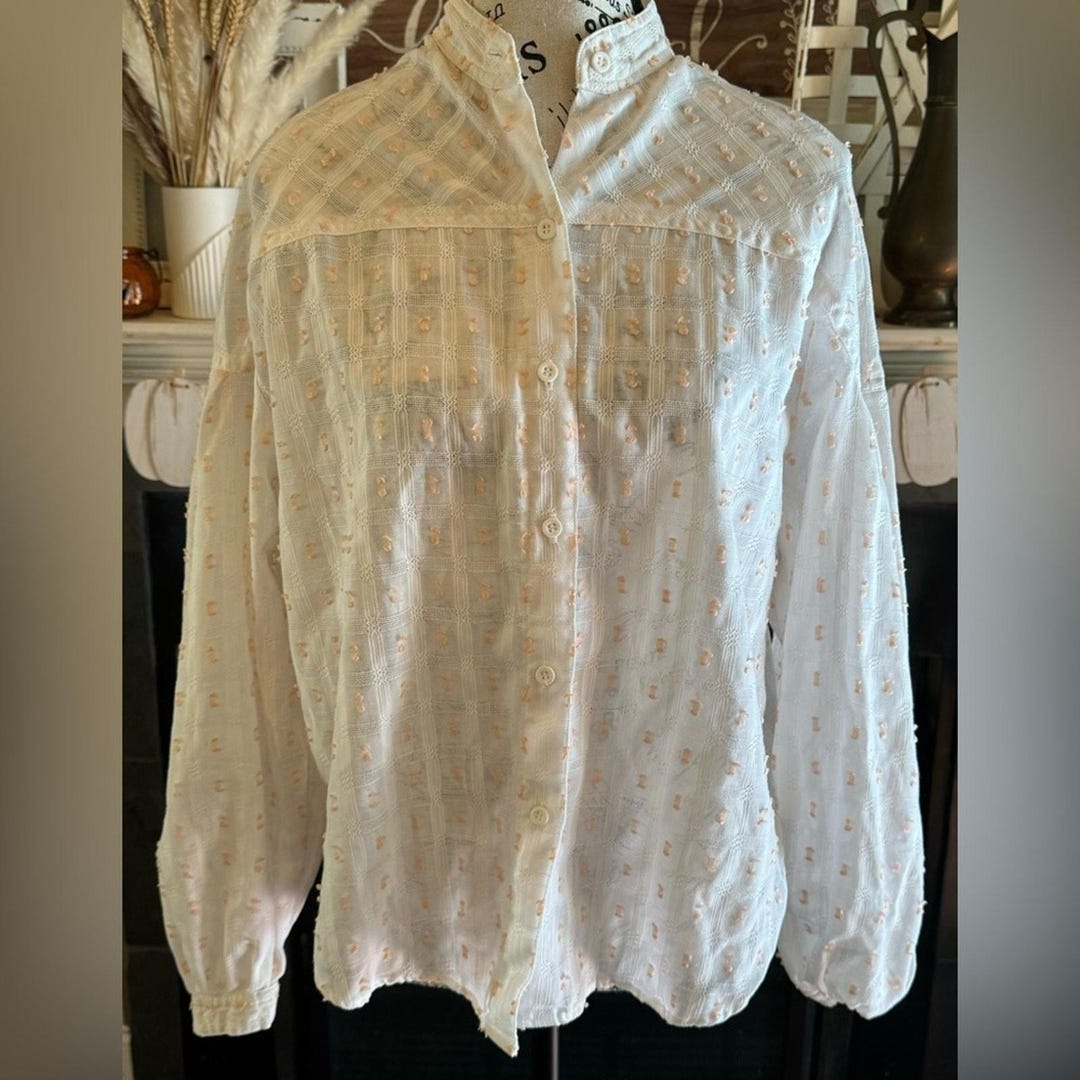 Vintage Semi-sheer Dainty Feminine Blouse White W/ Pink Knot Stitches ...