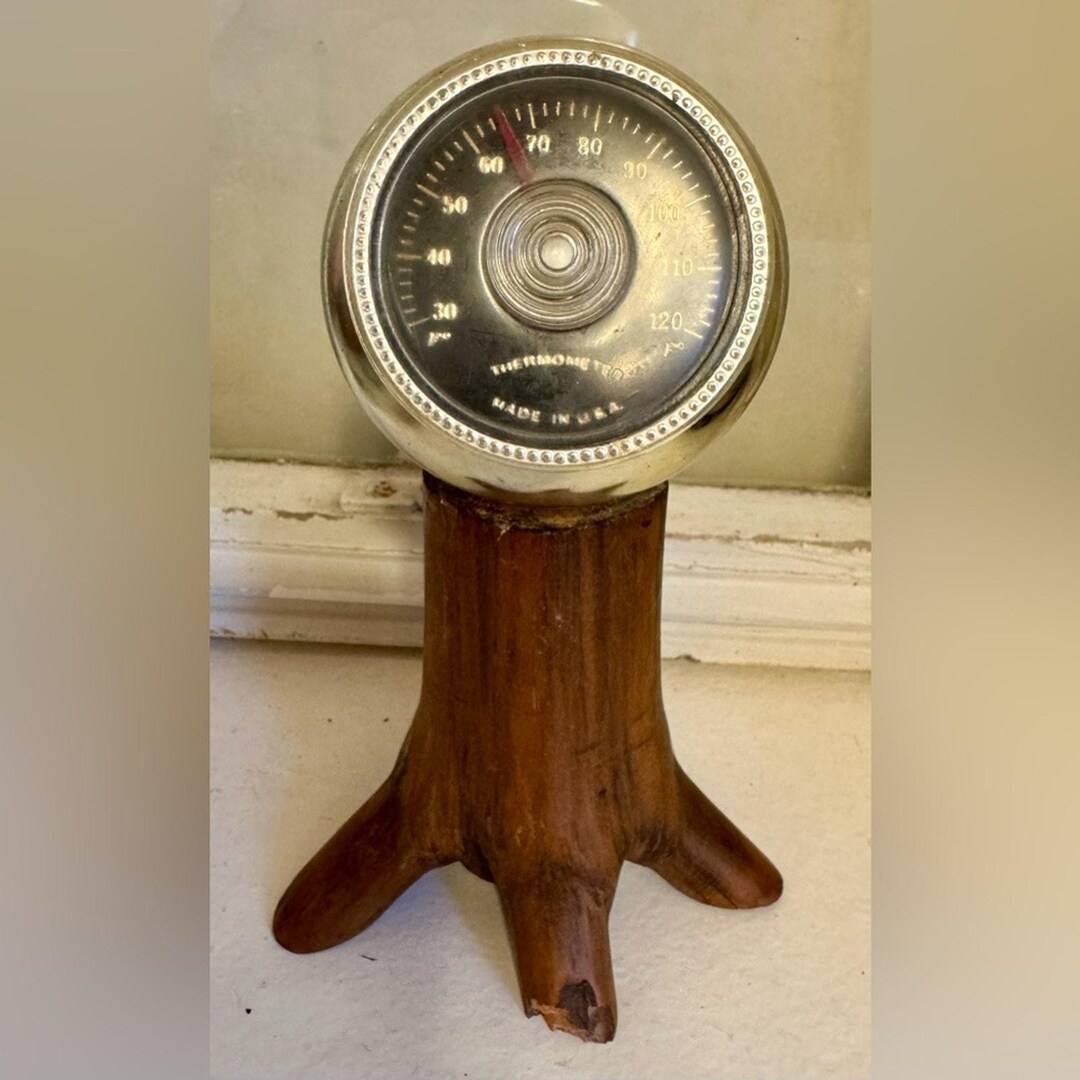 Antique Gold Round Ball Thermometer Thermostat Wood Tree Trunk Base ...