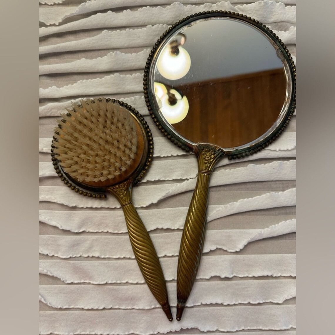 Antique Brass Hand Mirror Brush Set Vintage Brass Vanity Hand Held ...