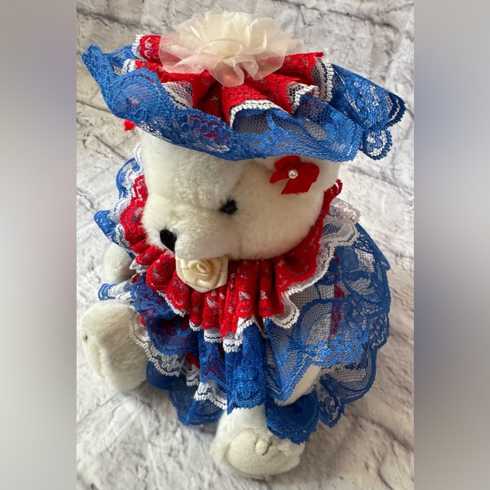 Pose-able Vintage Teddy Bear Lace Red White Blue Handmade July 4th ...