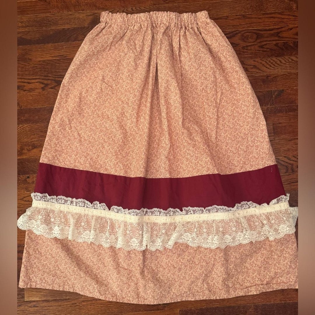 Vintage Gunny Sack Skirt Red Burgundy Rose Floral Lace Handmade Women’s ...